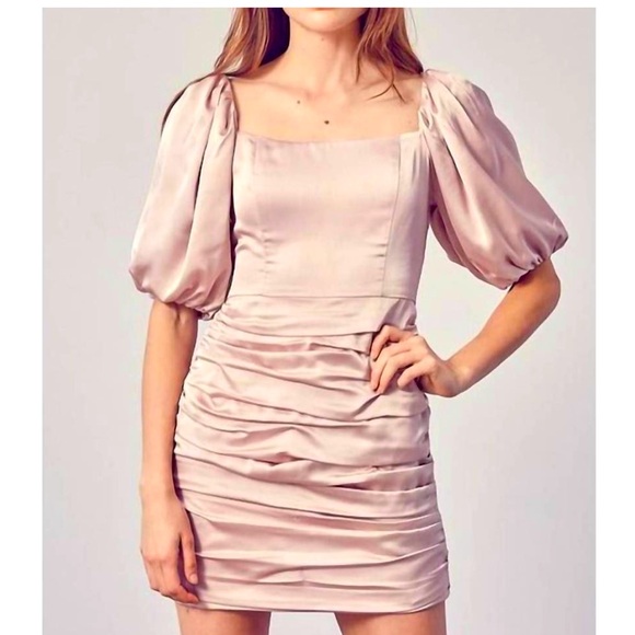 DO+BE | Dresses | New Dobe Puff Sleeve Satin Dress In Champagne | Poshmark